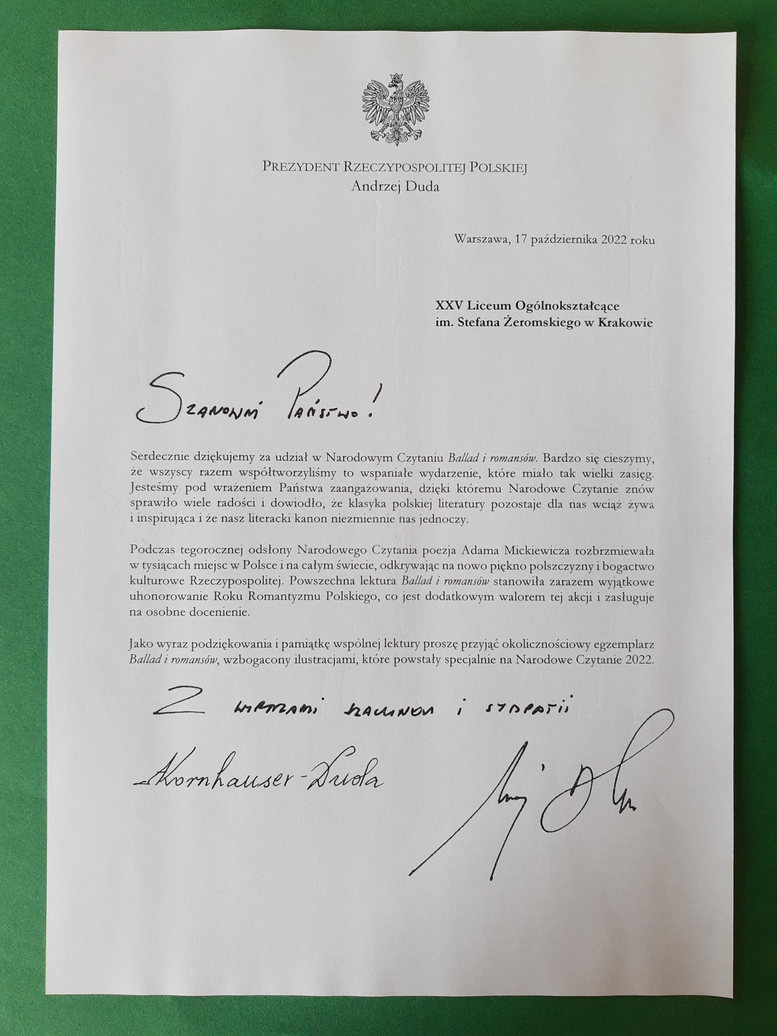 Podziękowanie od Pana Prezydenta Andrzeja Dudy i Pierwszej Damy Agaty ... Podziękowanie od Pana Prezydenta Andrzeja Dudy i Pierwszej Damy Agaty ...